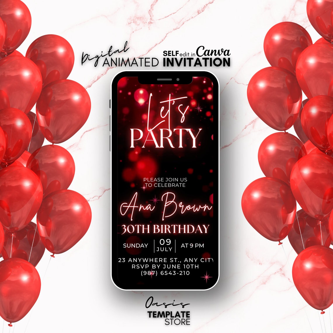 Let's Party Birthday Video Invitation, Red Glitter Invitation, Digital ...