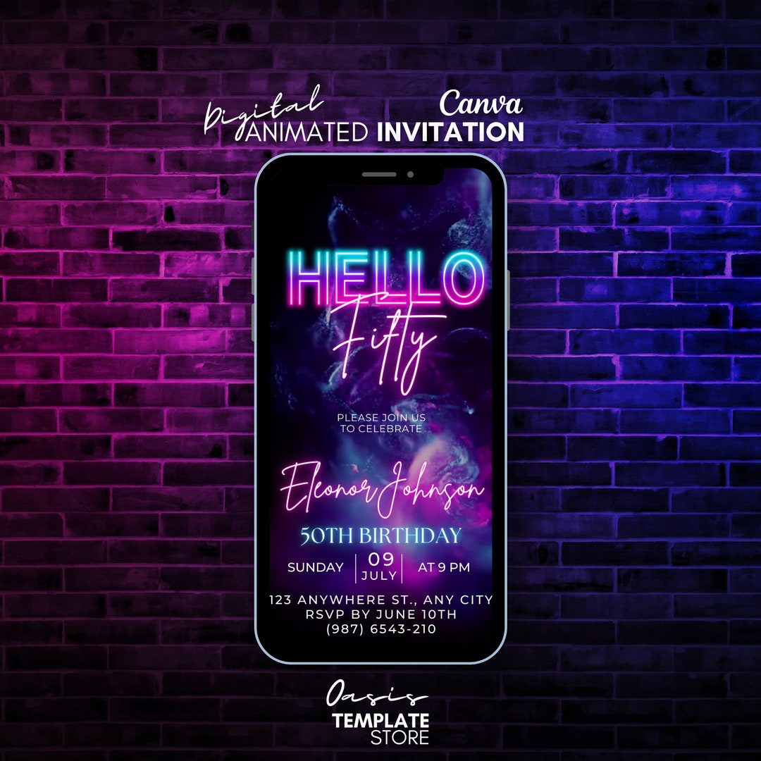 Digital Hello 50th Birthday Invitation, Neon Pink 50th Video Invitation ...