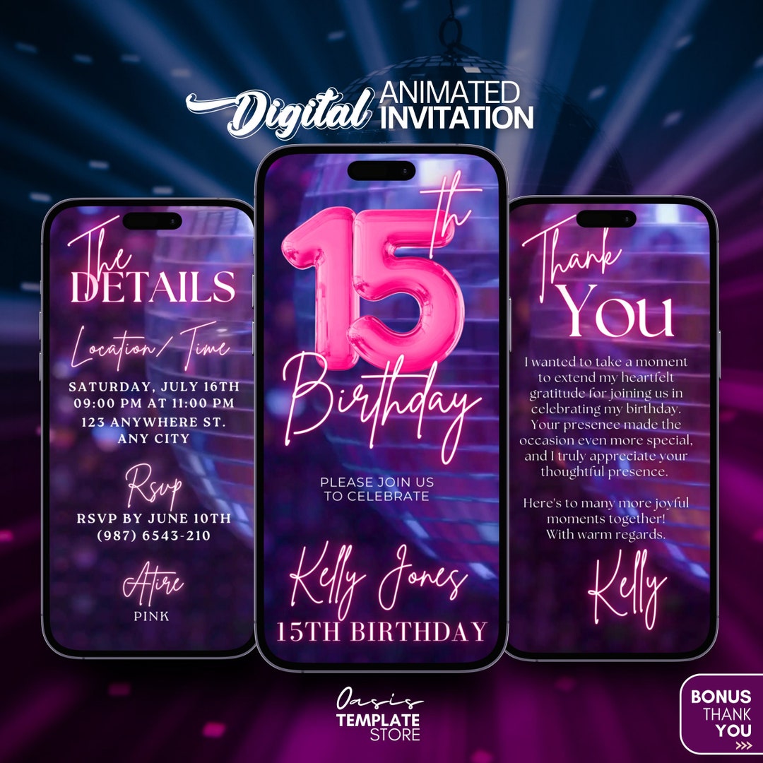 Pink Disco 15th Birthday Invitation, Editable 15th Birthday Party ...