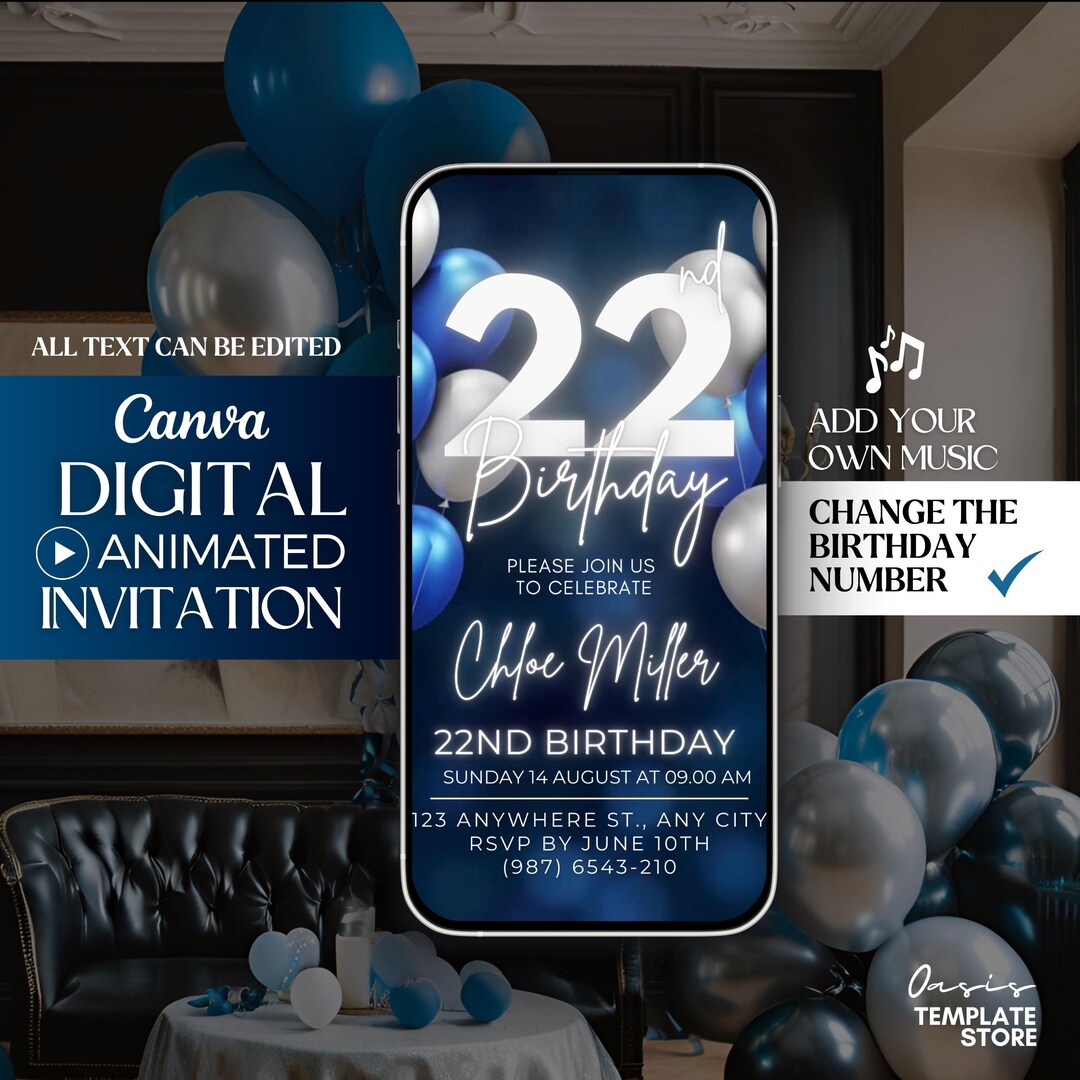 22nd Birthday Video Invitation, 22nd Blue and Silver Invitation, 22nd ...