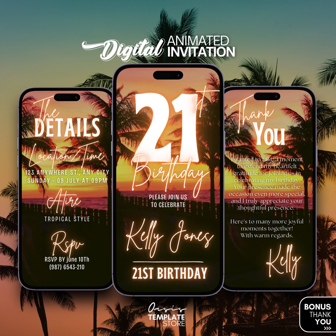 Tropical 21st Birthday Invitation, Animated Invitation, 21st Mobile ...
