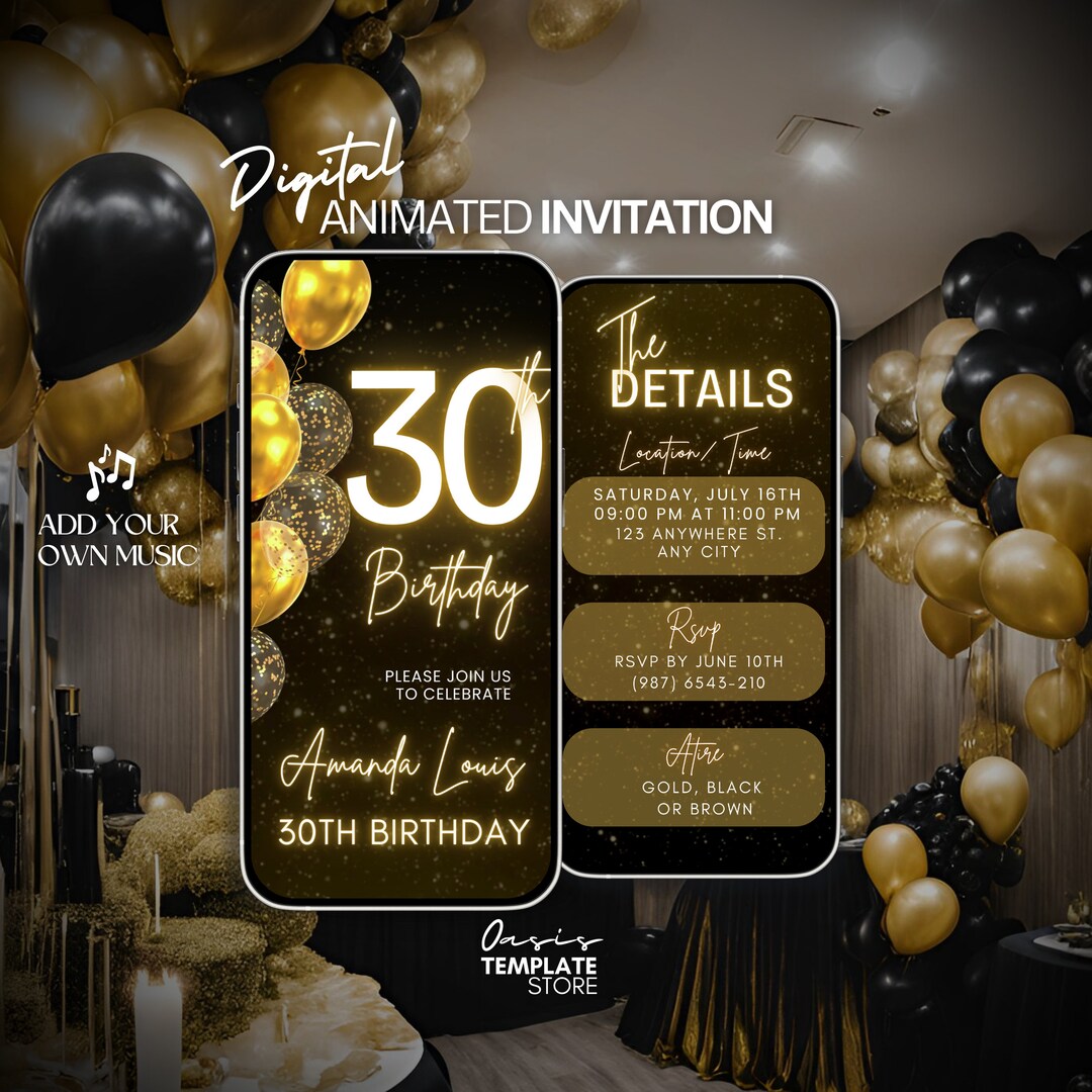 30th Digital Birthday Video Invitation, 30th Animated Invite, Editable ...