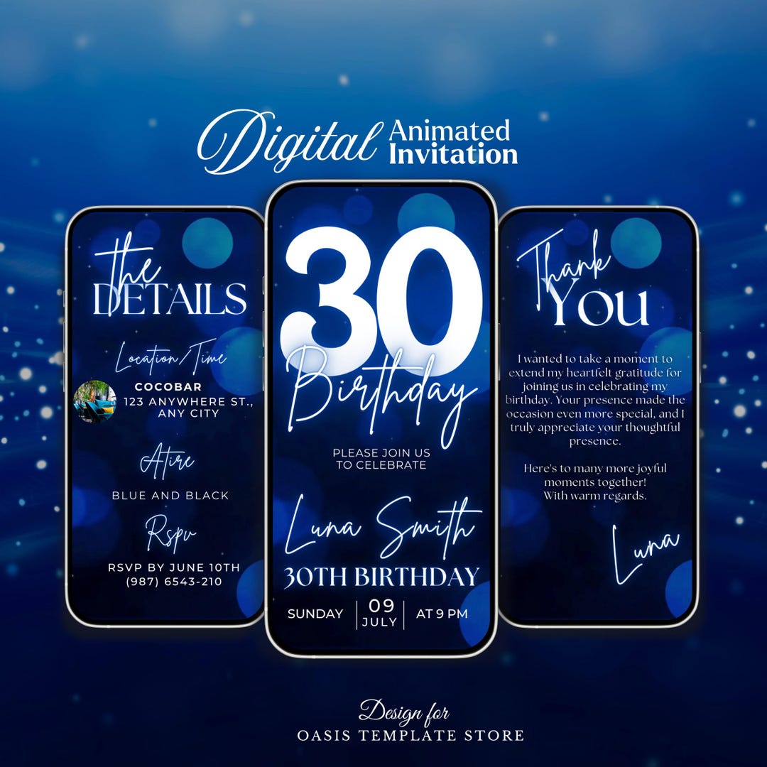 30th Birthday Invitation, 30th Video Invitation, Blue Glitter Digital ...