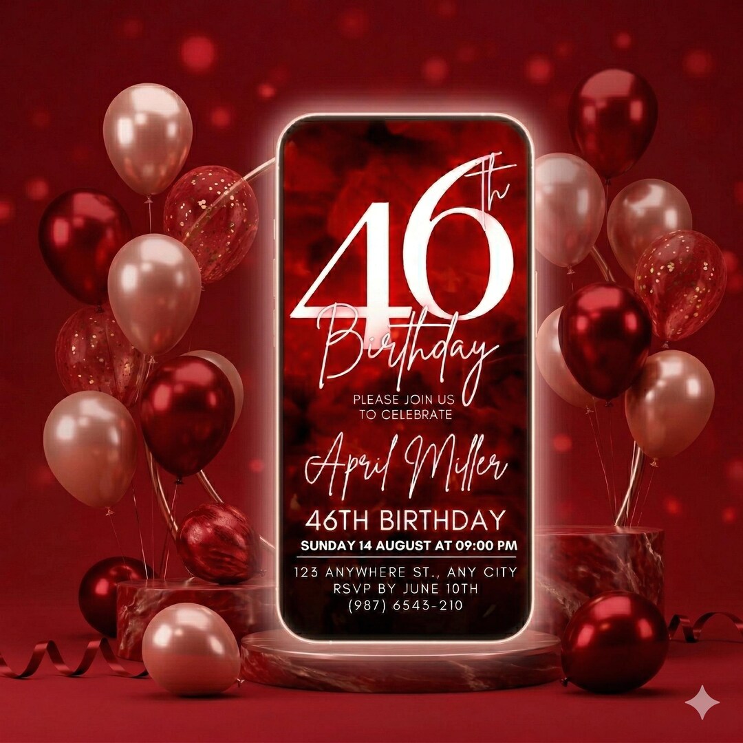 Red Bokeh 46th Birthday Video Invite, Luxury Digital Party Invitation ...