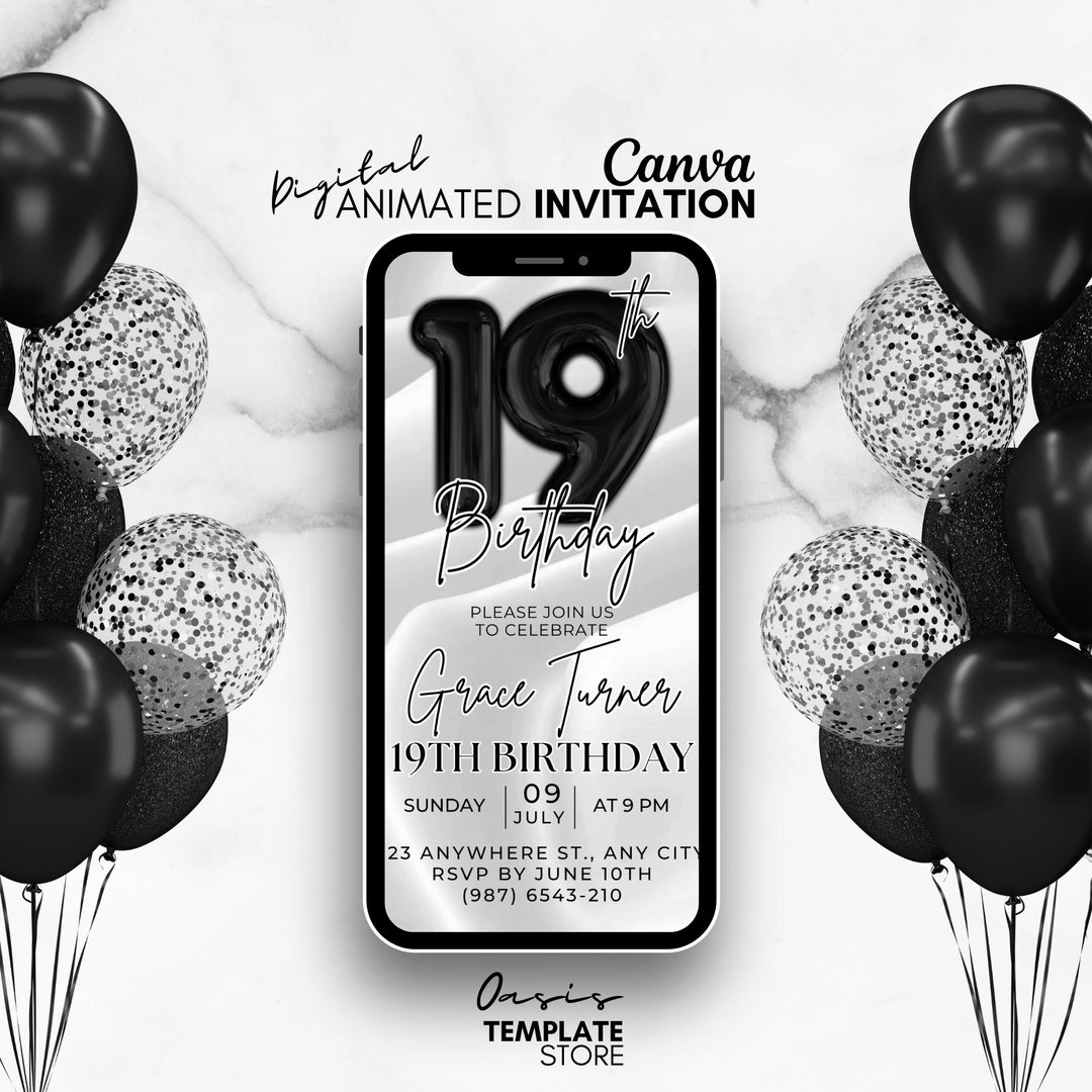 Digital Nineteen 19th Birthday Invitation, Black Balloons Invitation ...