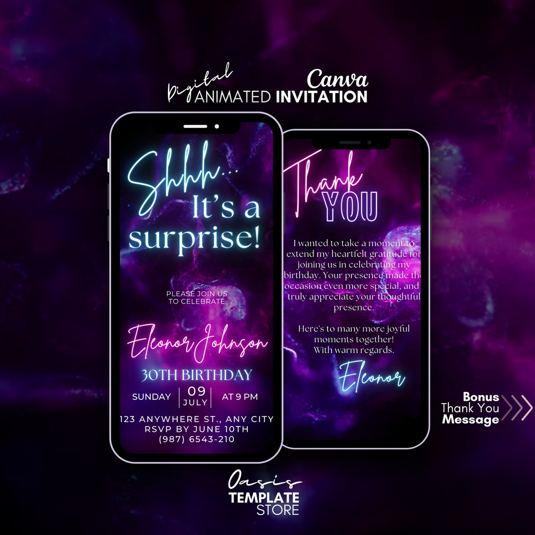 Digital Surprise Birthday Invitation, Neon Pink Video Invite, Surprise ...