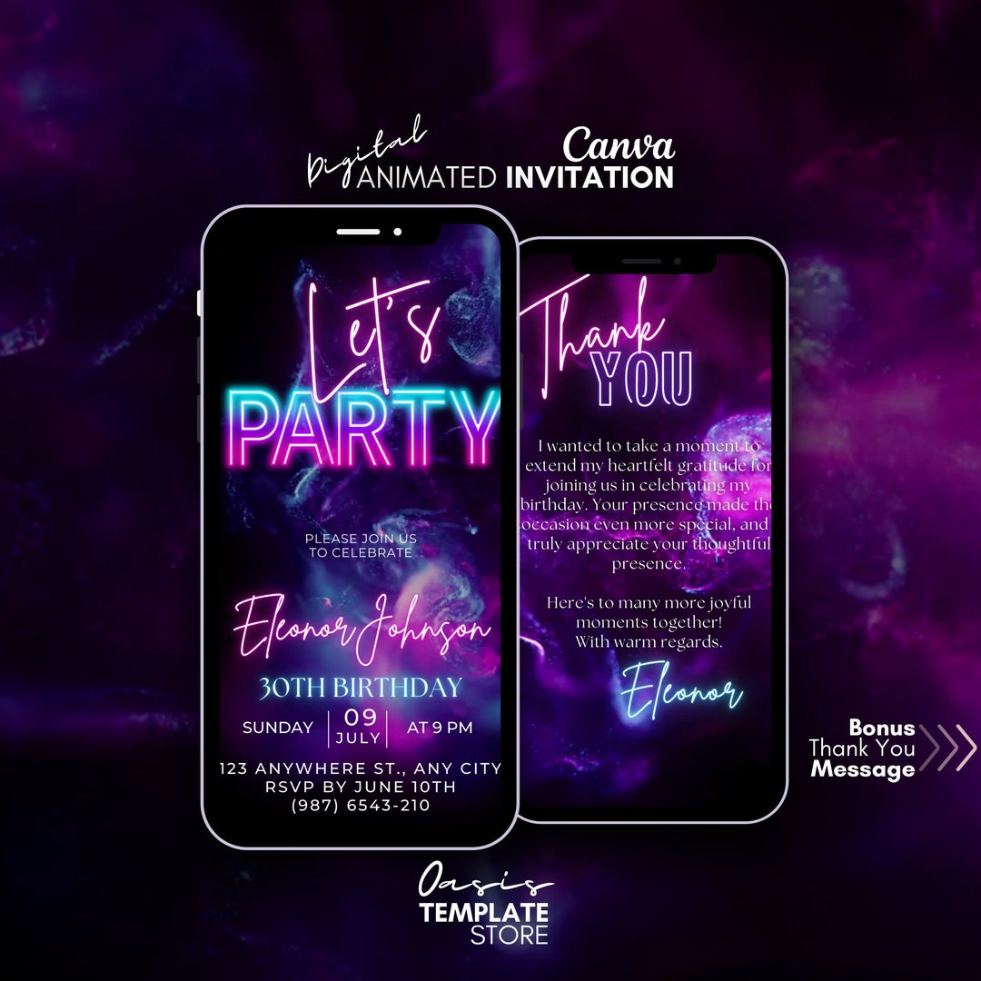 Digital Let's Party Birthday Invitation, Neon Pink Video Invitation ...