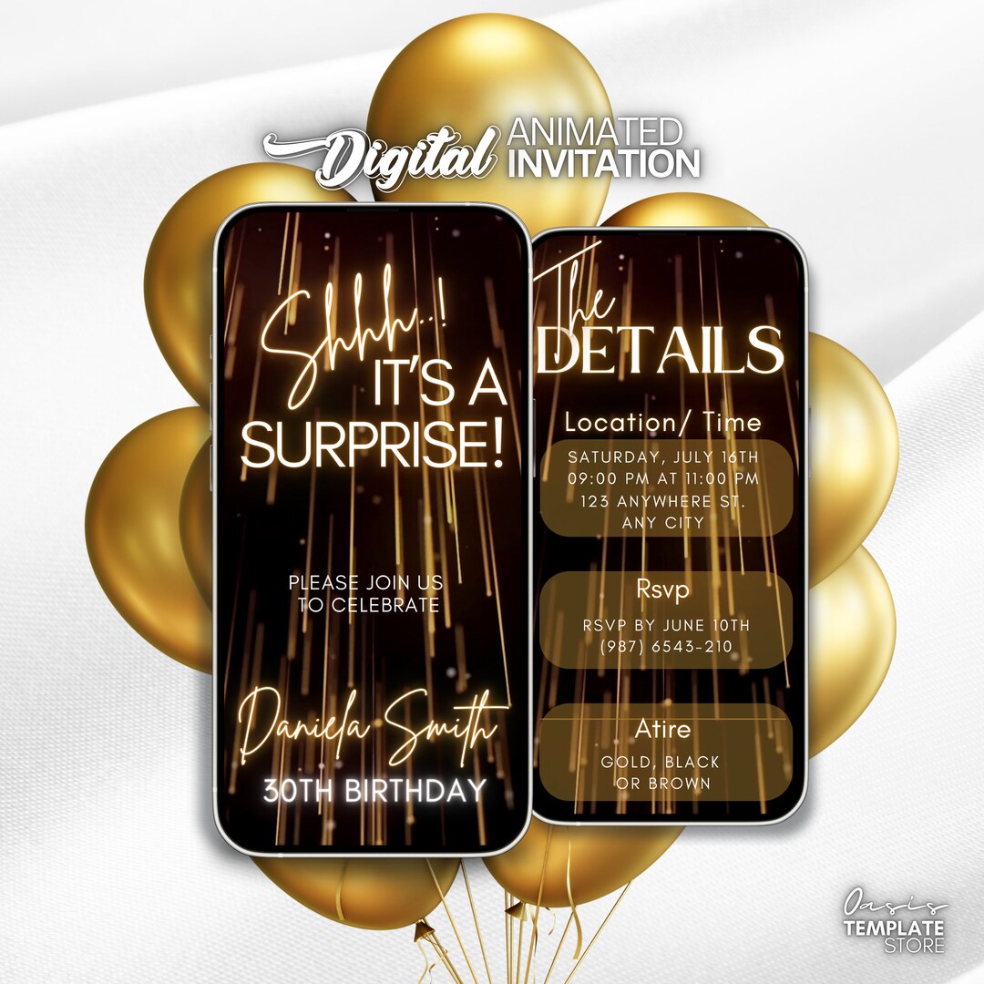 Surprise Birthday Video Invitation, Gold Glitter Digital Invite ...