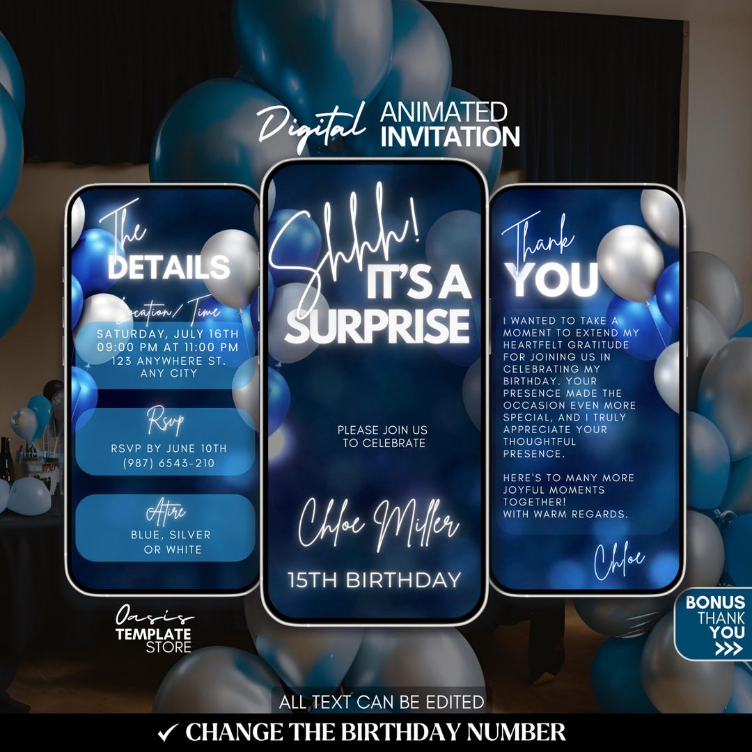 Surprise Birthday Digital Invitation, Blue and Silver Surprise Video ...