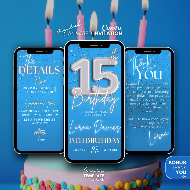 Blue Silver 15th Birthday Invitation Video, Animated Digital Party ...