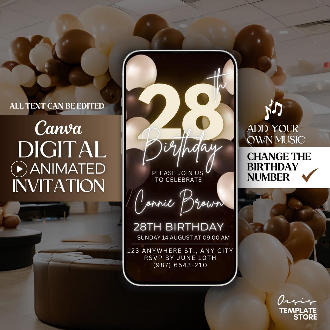 28th Birthday Video Invitation, Brown and Cream 28th Digital Invitation, Editable Phone Invite ...