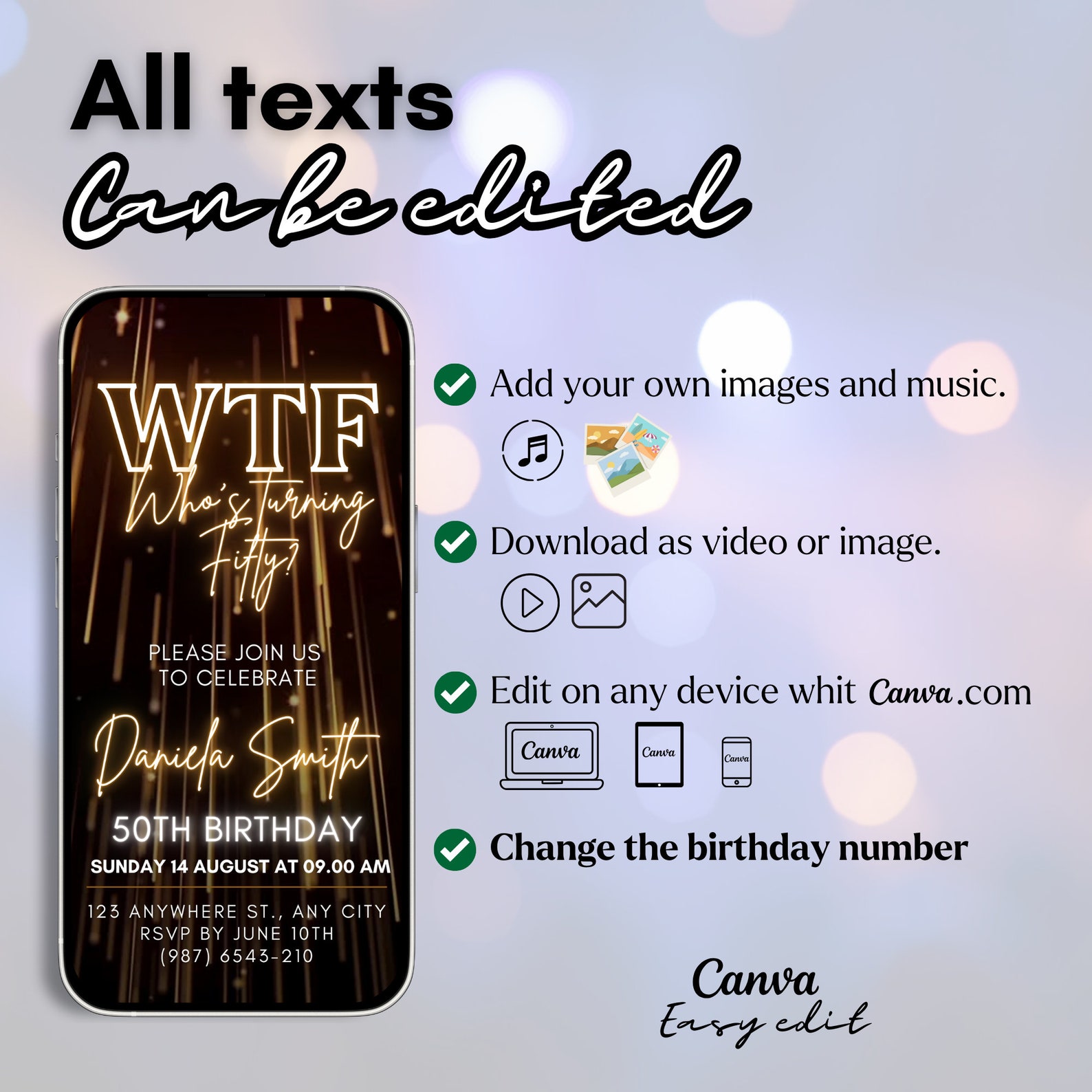 WTF Who's Turning Fifty 50th Birthday Video Invitation, Gold Glitter ...