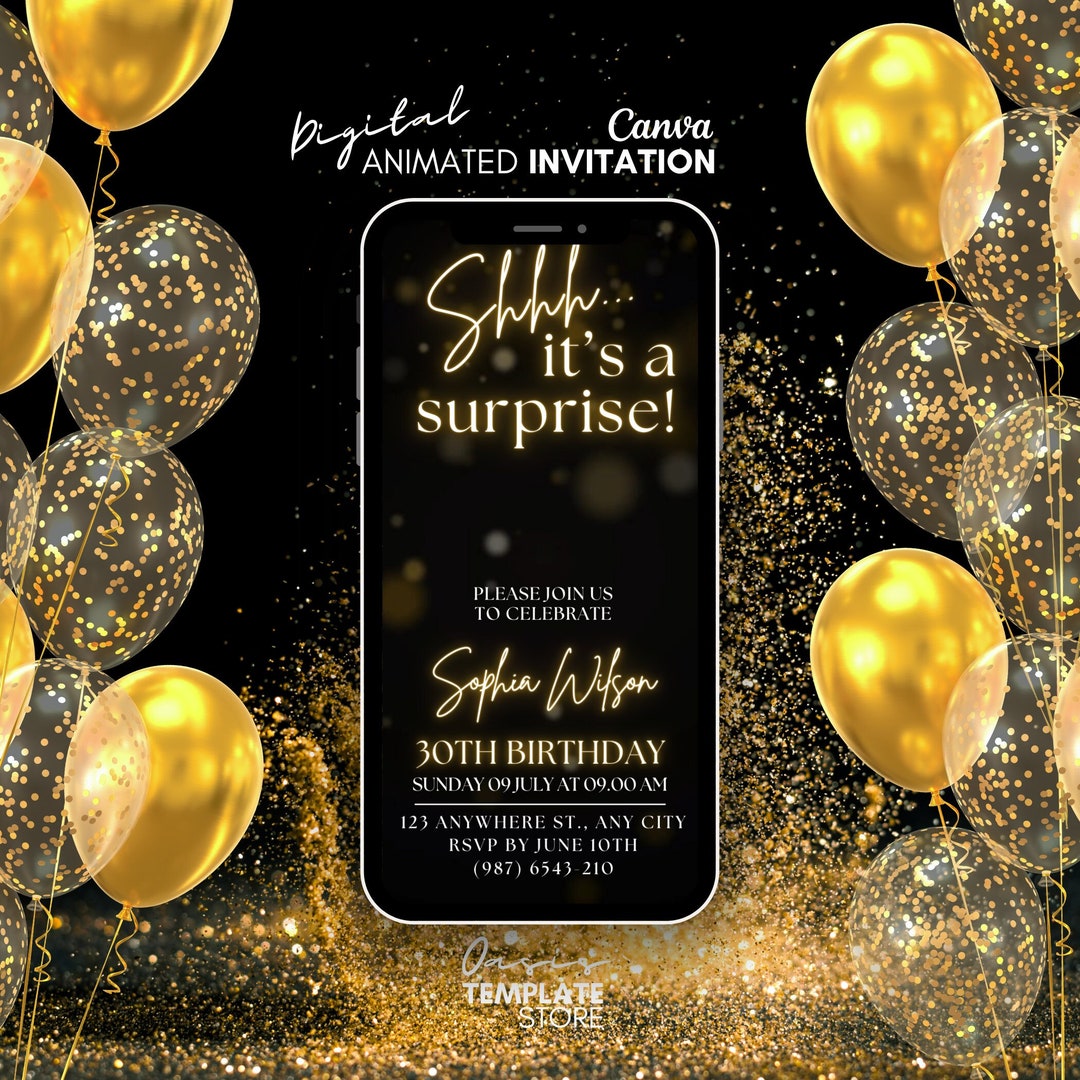 Surprise Invitation, It's Surprise Party Video Invitation, Black Gold ...