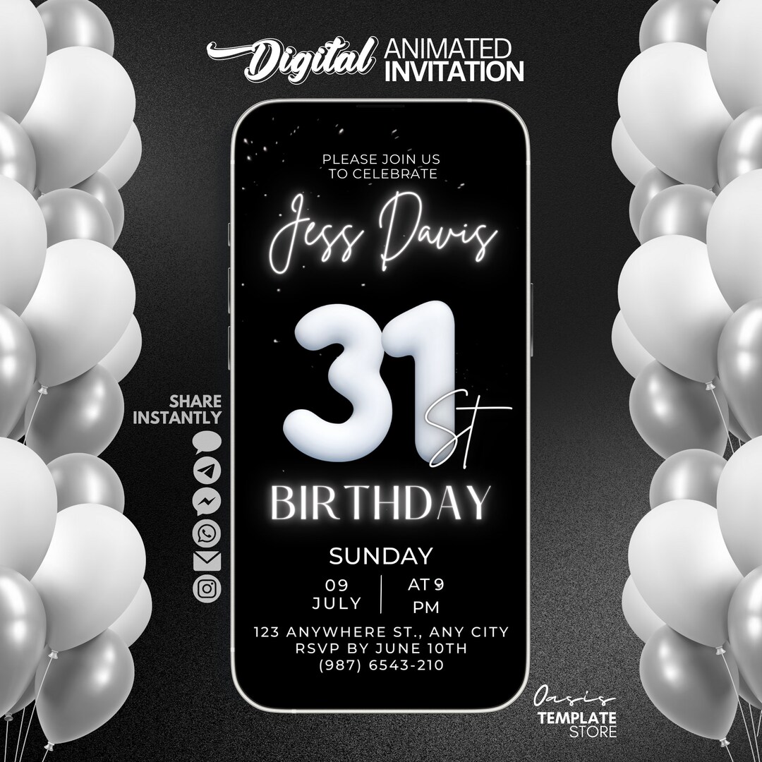 Thirty One 31st Birthday Digital Video Invitation, Elegant Black and ...