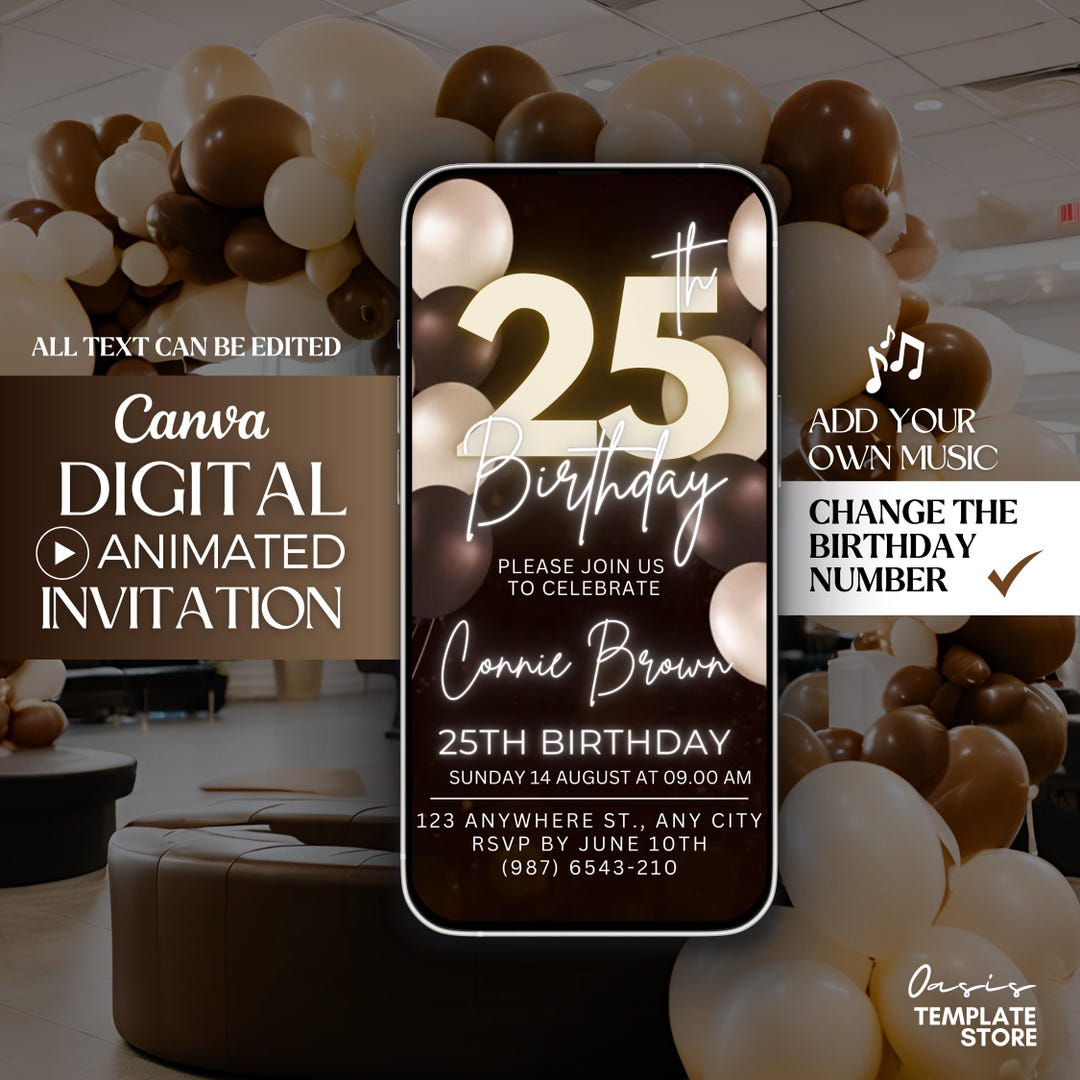 Editable 25th Invitation Template, Brown and Cream 25th Digital ...