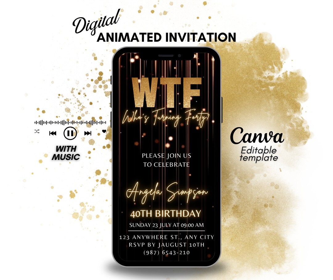 WTF Gold Birthday Video Invitation, Mobile Animated Invitation, Text ...