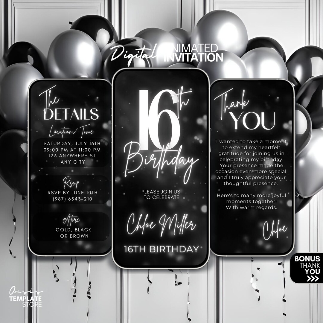 16th Silver Glitter Birthday Video Invitation, Digital Animated Invite ...