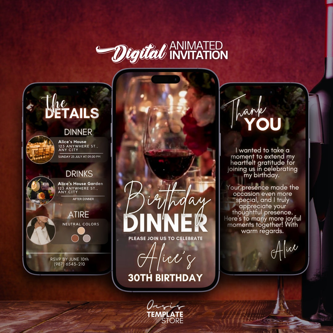 Birthday Dinner Invitation, Digital Dinner Invitation Template, Dinner ...