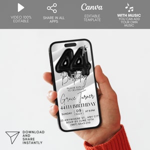 44th Birthday Invitation, Black Balloons Invitation, Mobile Party ...