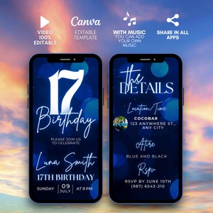 Digital 17th Birthday Invitation, 17th Mobile Invitation, Blue Glitter ...