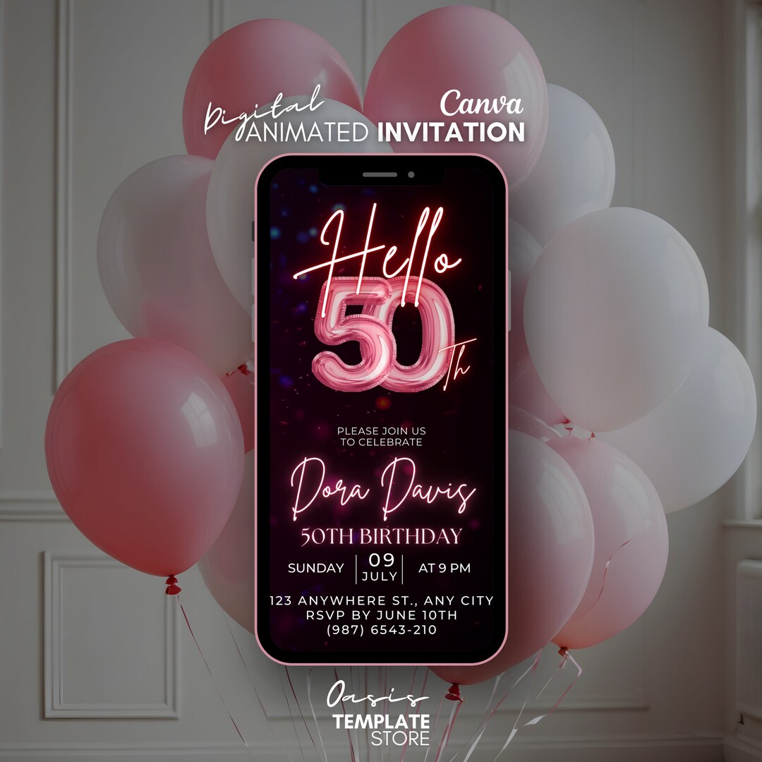 Hello 50th Birthday Invitation, Pink Balloons Video Invitation, Mobile ...
