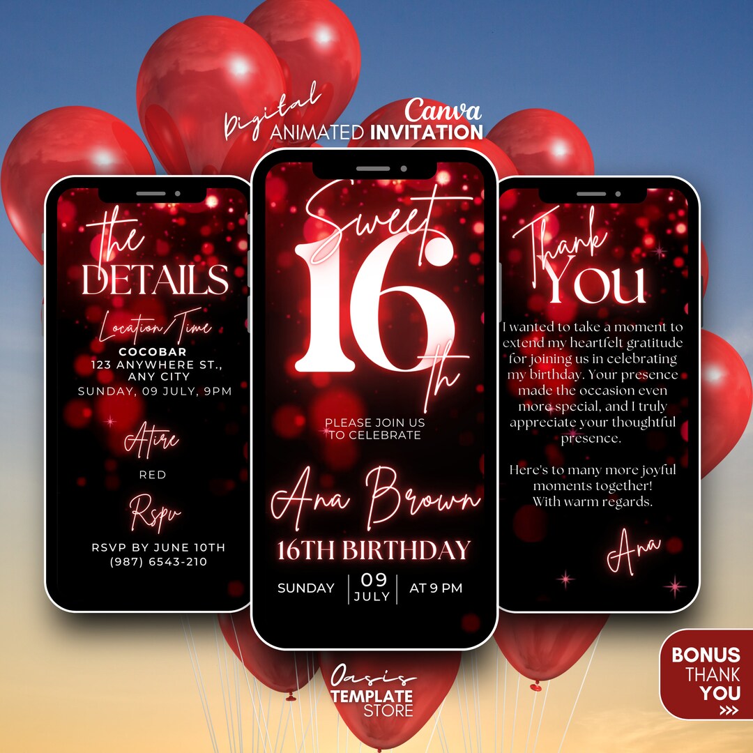 Sweet 16th Birthday Video Invitation, Red Glitter Invitation, Phone ...
