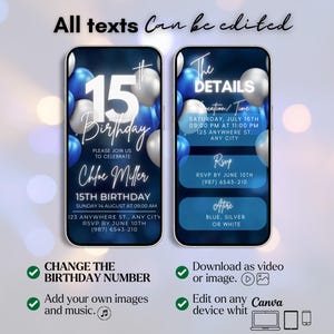 Fifteen 15th Birthday Invitation, Blue and Silver 15th Video Invitation ...