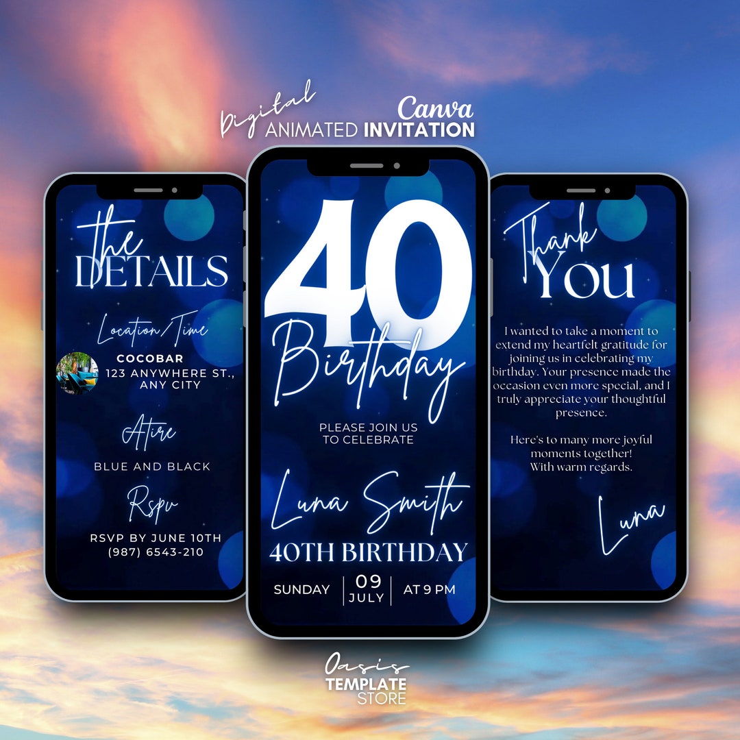 Digital 40th Birthday Invitation, Forty Mobile Invitation, Blue Glitter ...