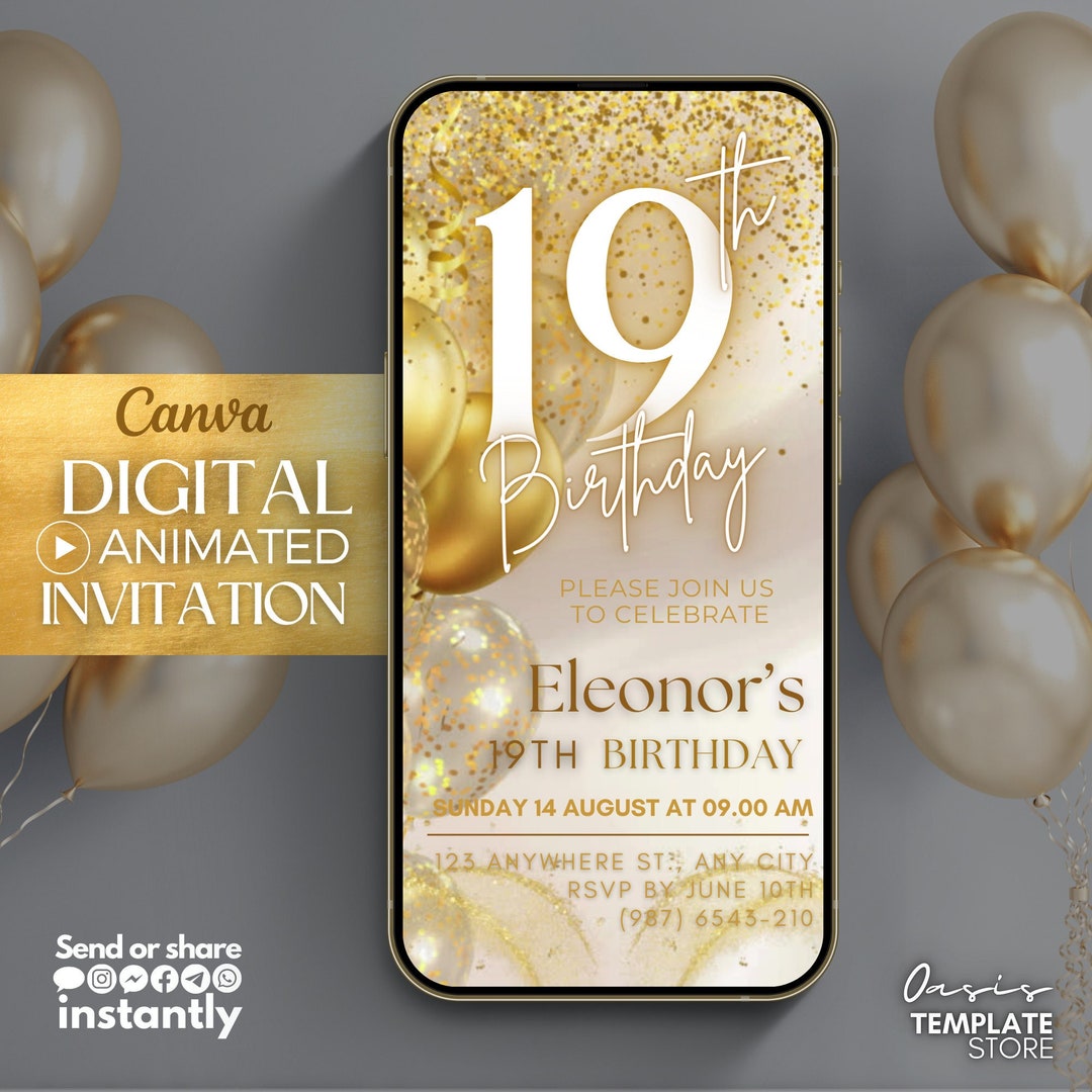 Nineteen 19th Birthday Video Invitation, Gold Glitter 19th Digital ...
