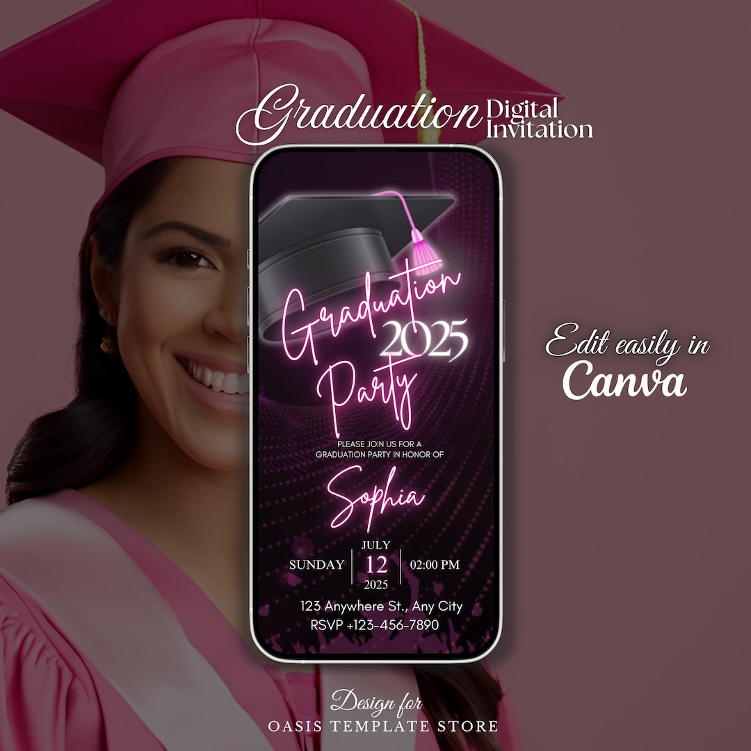 Pink Graduation Invitation 2025, Editable Digital Grad Party Template ...