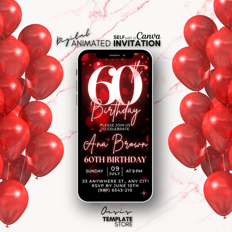 Sixty 60th Birthday Video Invitation, Red Glitter Invitation, 60th ...