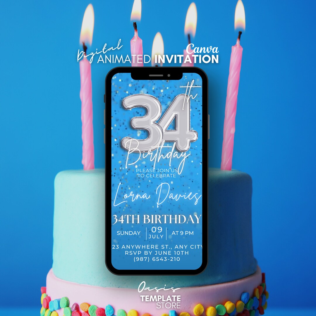 Digital 34th Birthday Invitation, Blue Silver Animated Invitation ...