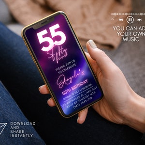 55th Animated Video Invite for Her, Fifty Five Birthday, Neon Violet ...