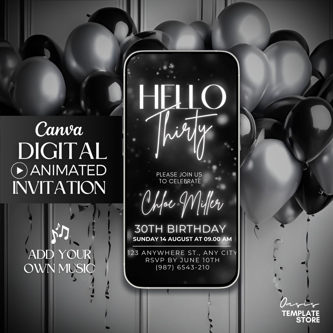 Hello 30th Birthday Video Invitation, Silver Glitter Digital Invitation ...