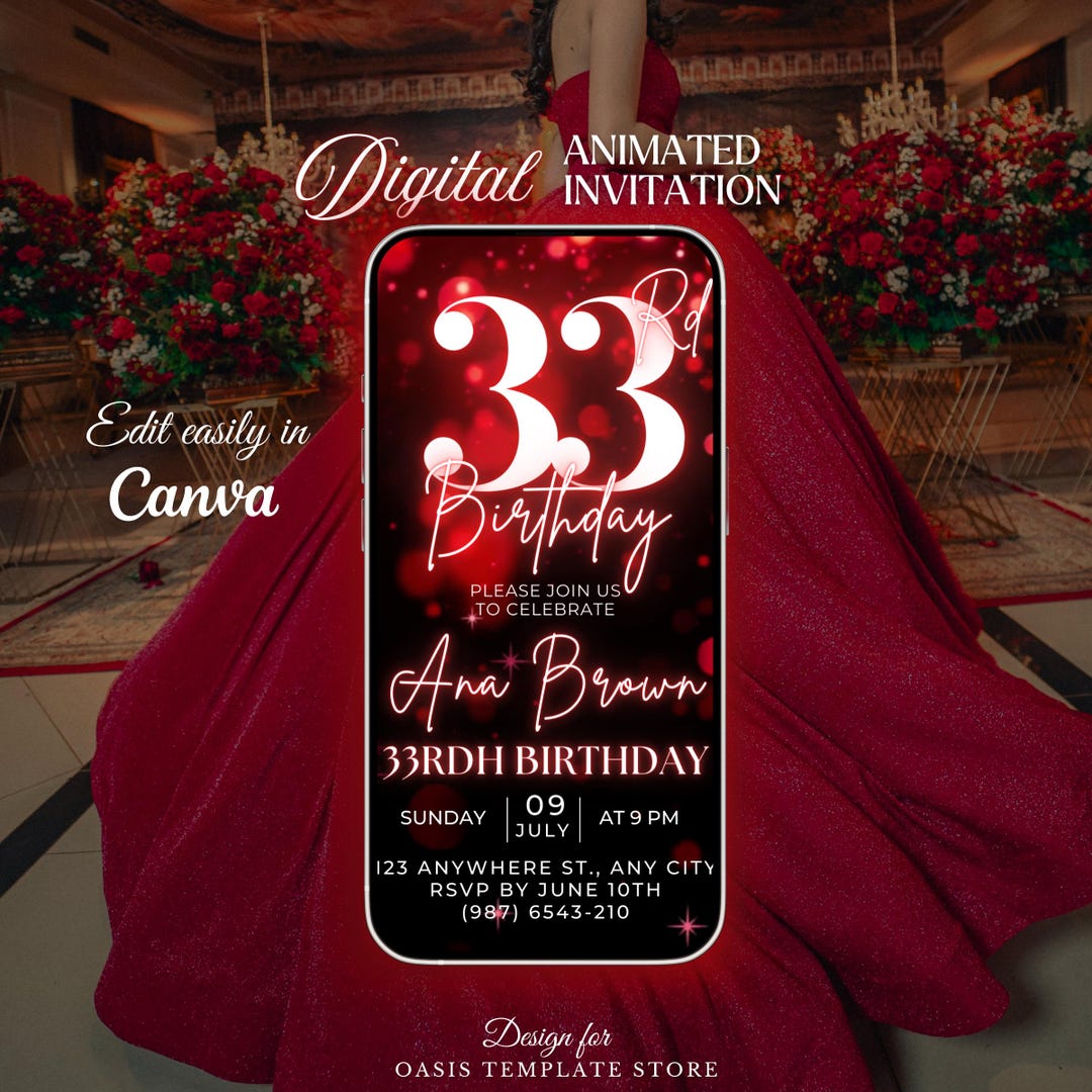 Digital 33rd Birthday Invitation, Red Elegant Party Invite, Animated ...