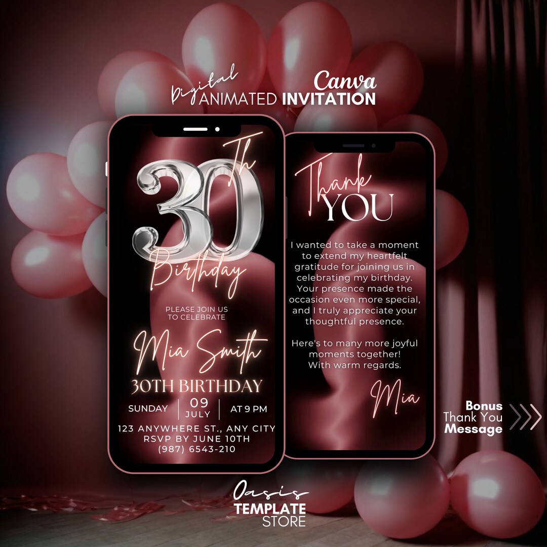 30th Birthday Digital Invitation, Pink Silver Animated Invite, Thirty ...