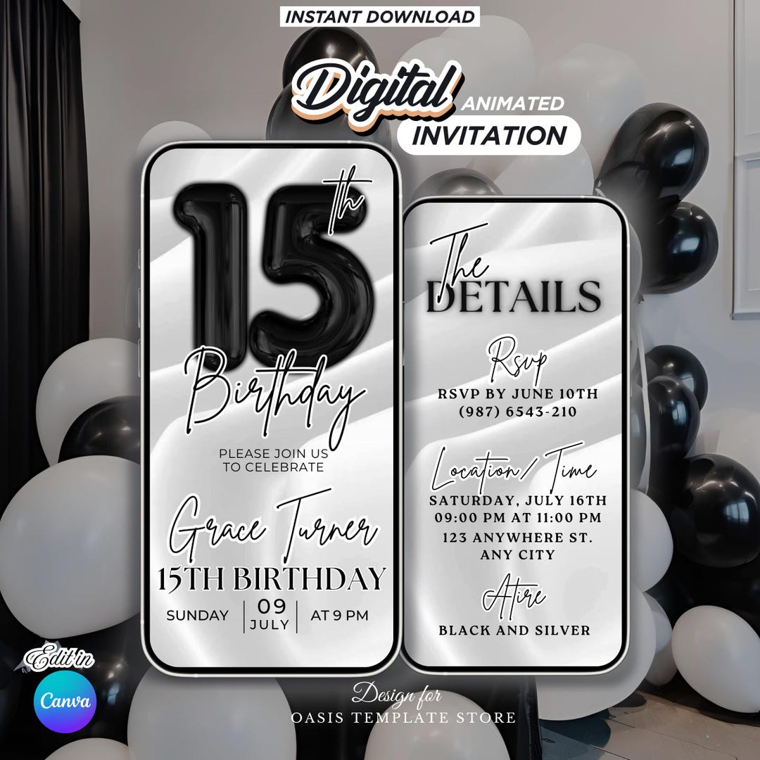 Editable 15th Birthday Inviation Template, 15th Black White Invite ...