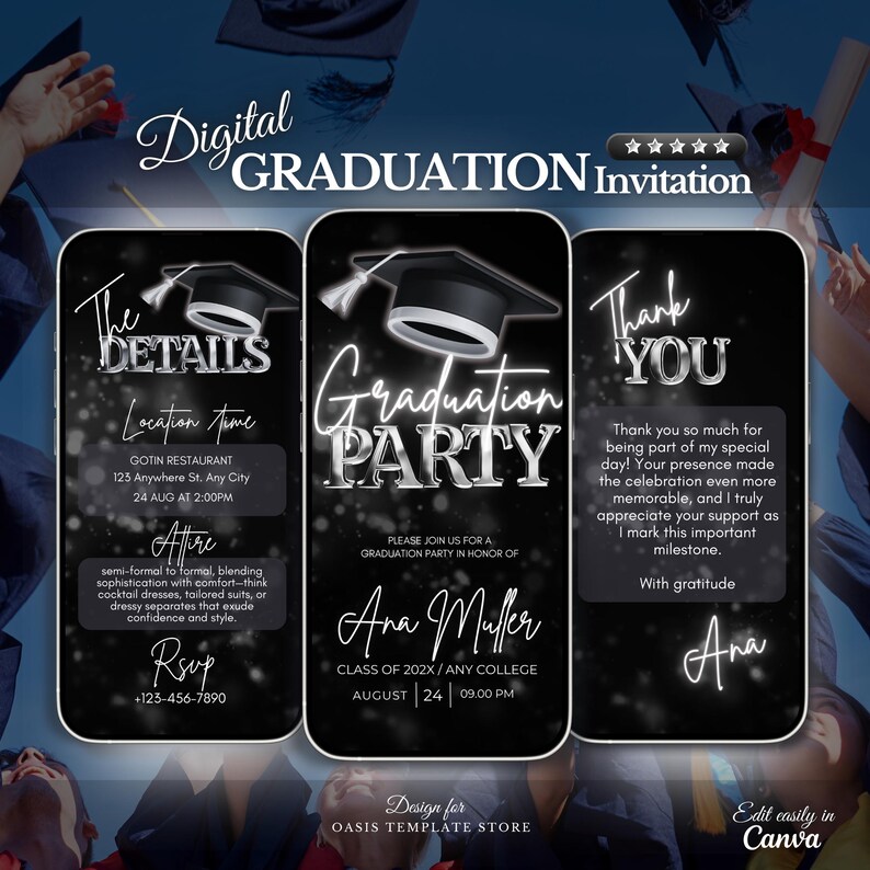 Silver Graduation Invitation 2025, Modern Digital Party Template, Class ...