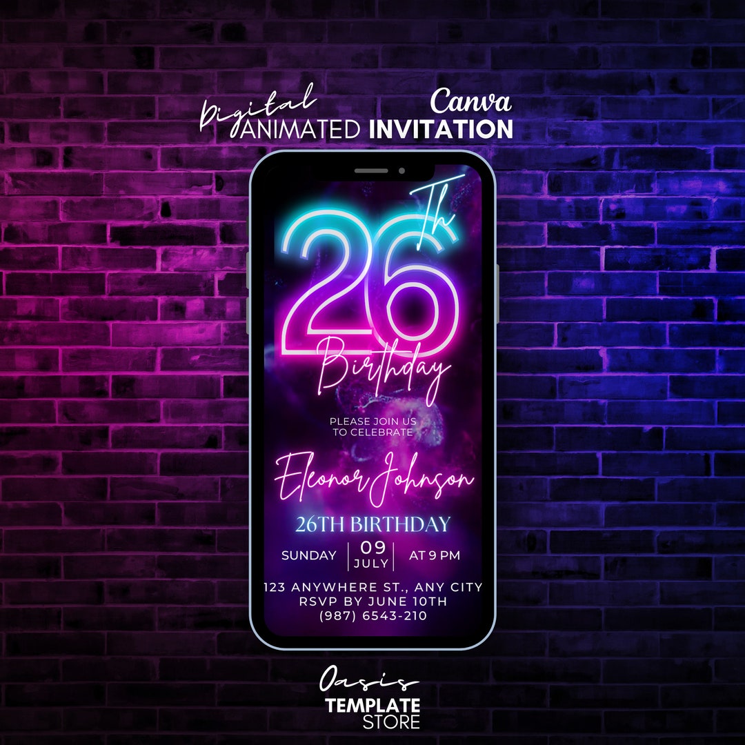 Digital 26th Birthday Invitation, Neon Pink Video Invitation, Twenty ...