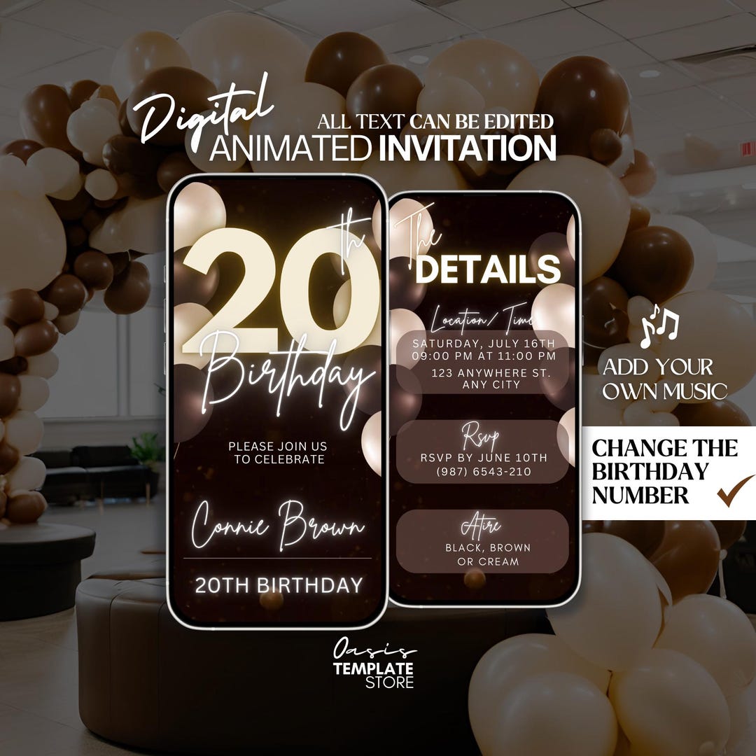 Digital 20th Birthday Invitation Template, Brown and Cream 20th Party ...