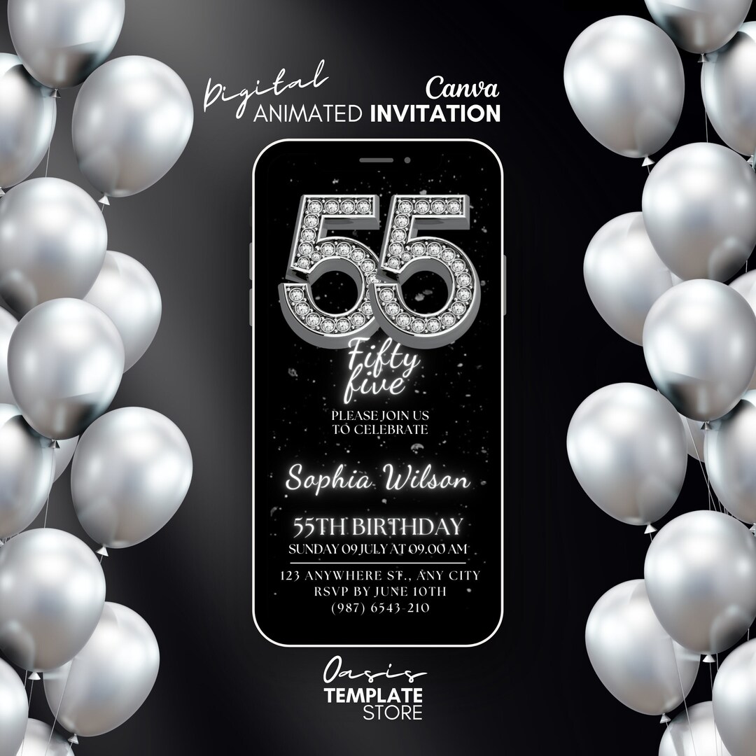 Digital 55th Birthday Invitation, Fifty Five Party Video Invitation ...