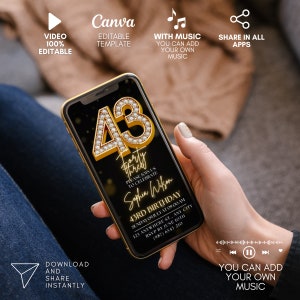 43rd Birthday Invitation, Forty Three Party Video Invite, Black Gold ...