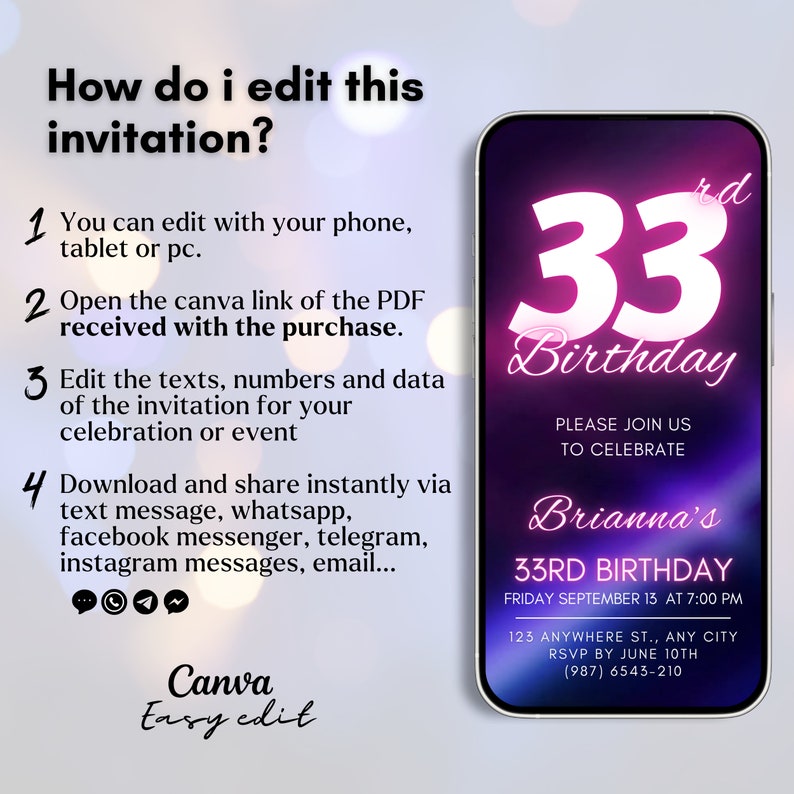 33rd Birthday Invitation, 33rd Pink Neon Digital Invitation, Video ...