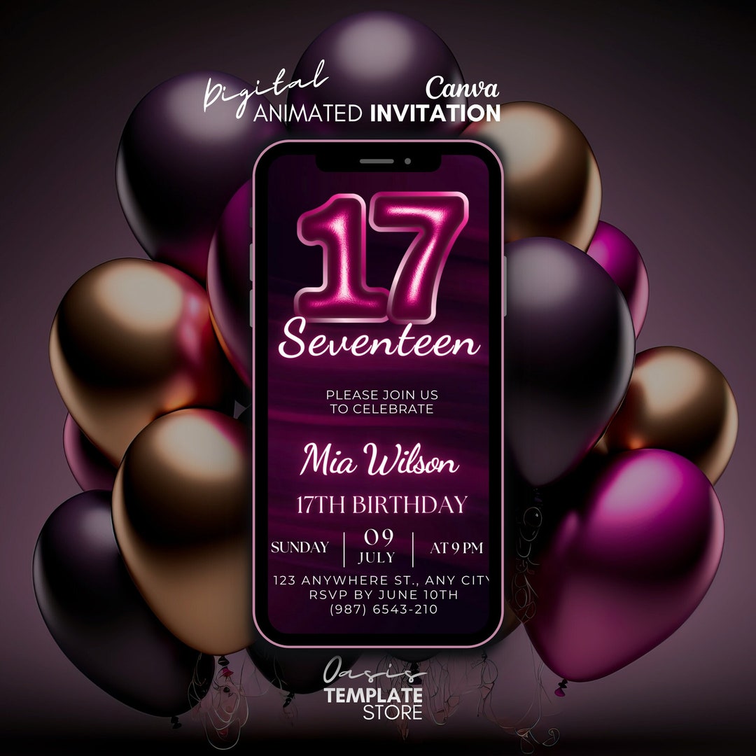 17th Birthday Digital Invitation, Seventeen Party Video Invitation ...