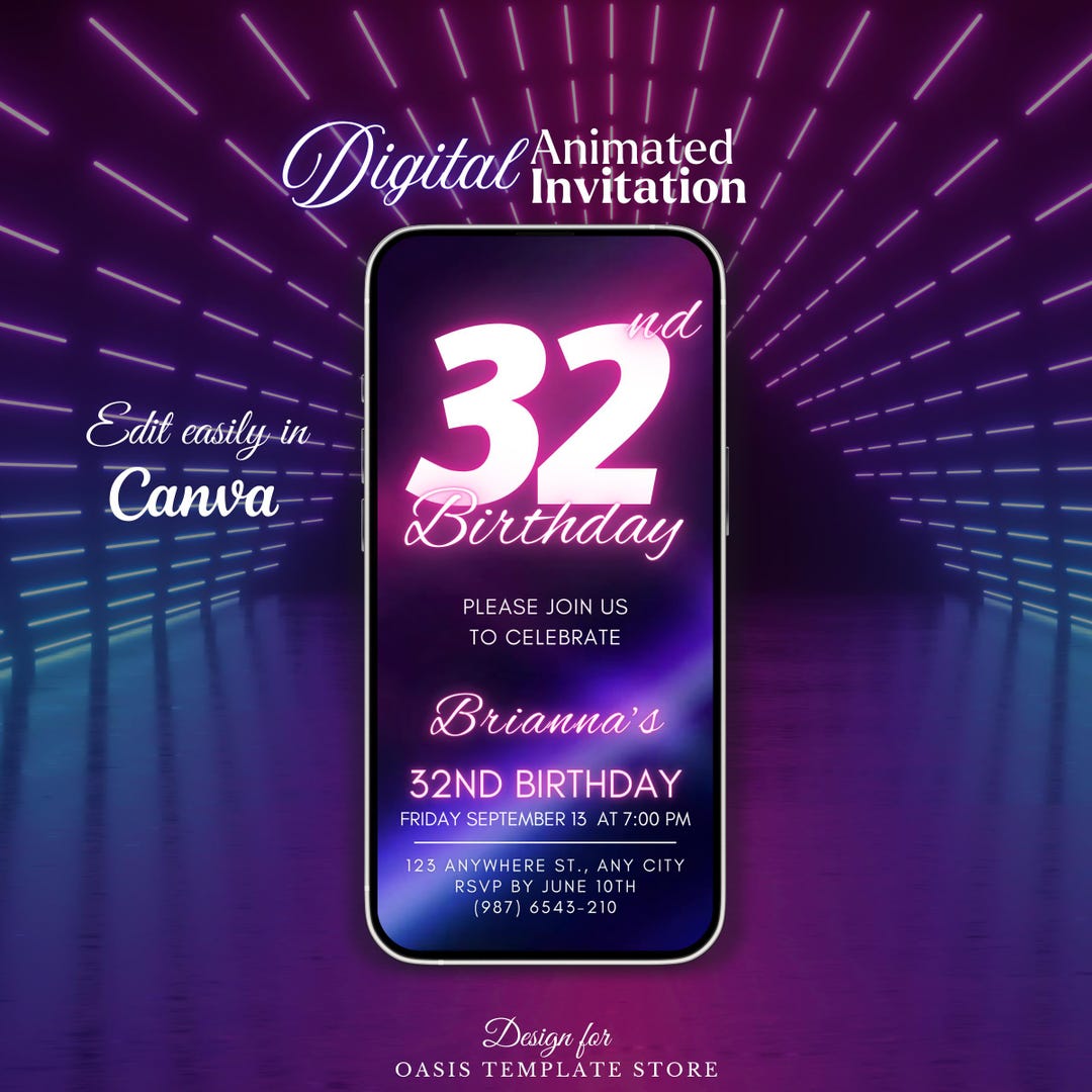 Digital 32nd Birthday Invitation, Pink Neon Invite, 32nd Animated Video ...