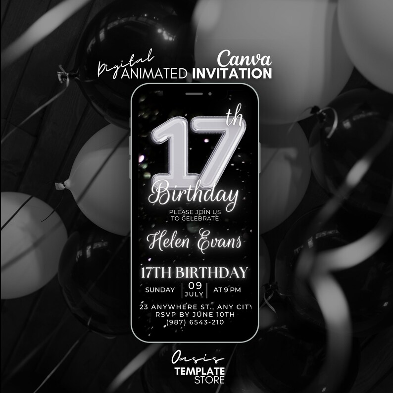 17th Birthday Digital Invitation, Black Silver Video Invite, 17th ...