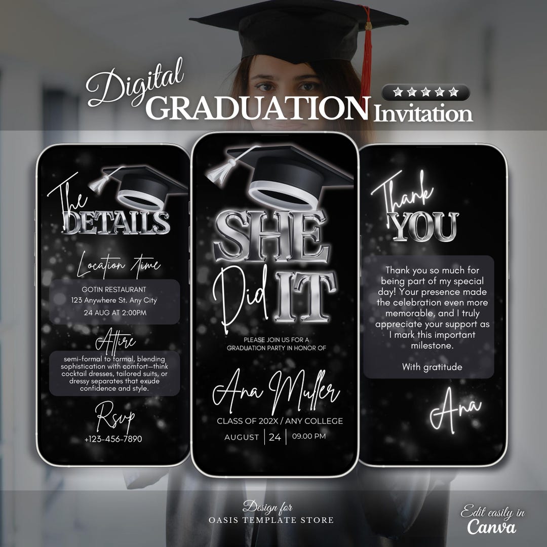 She Did It Grad Invitation, Silver Digital Graduation Party Invite ...