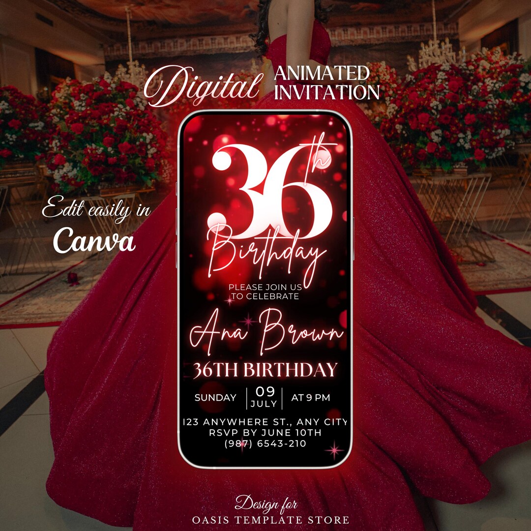 36th Birthday Digital Invite, Red Glitter Animated Party Invitation ...