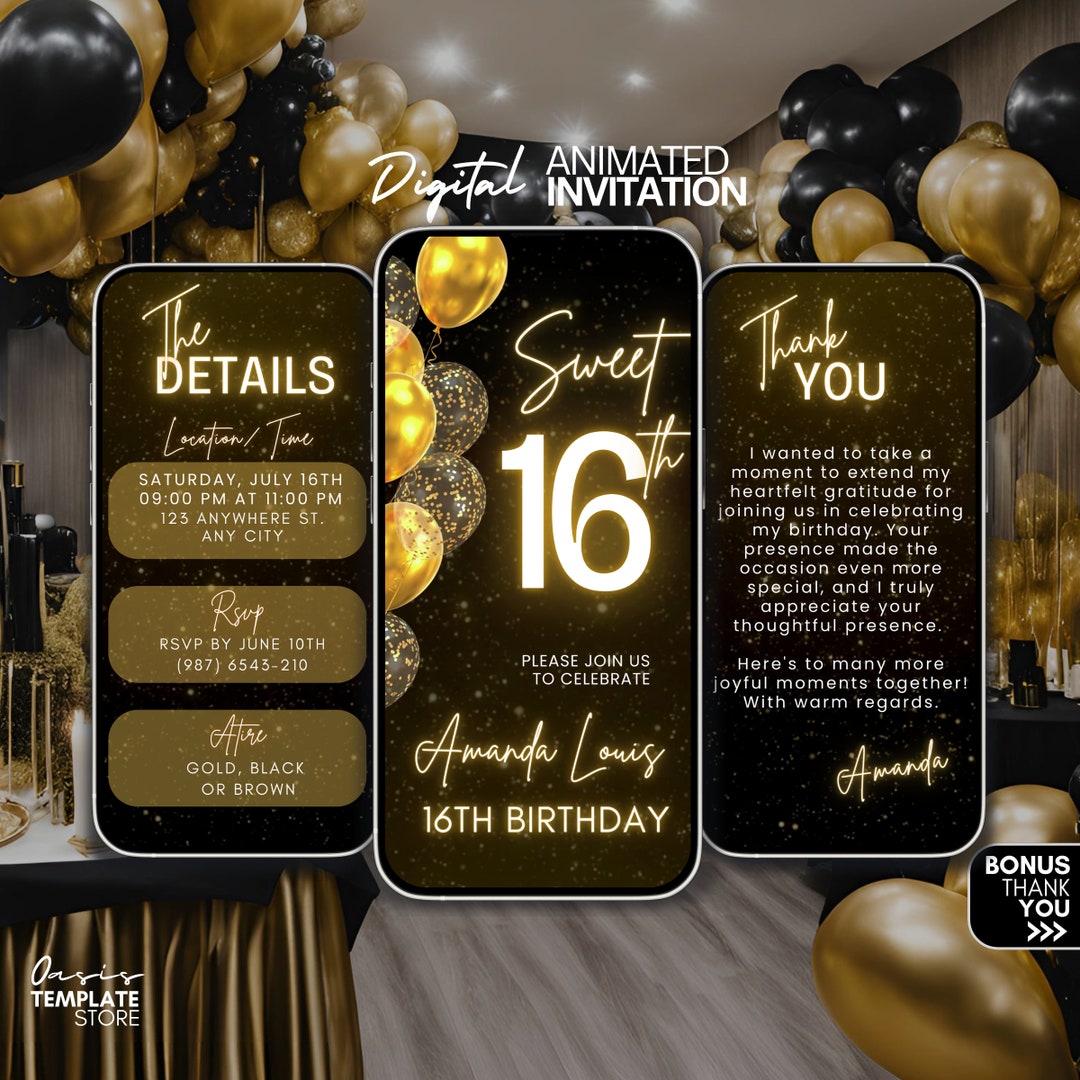 Digital Sweet 16th Birthday Video Invitation, Sixteen Animated Invite ...