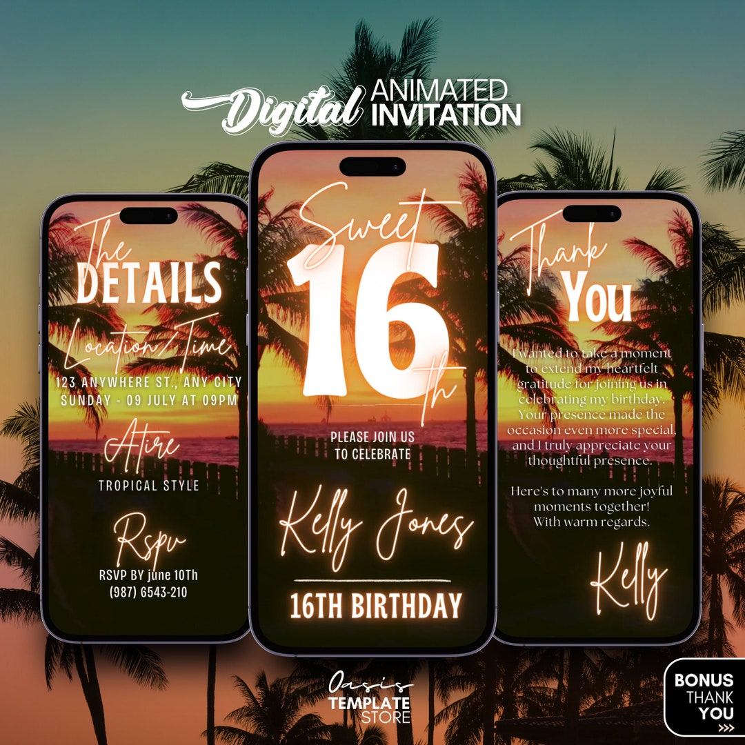 Tropical 16th Birthday Invitation, Animated Invitation, Mobile Party ...